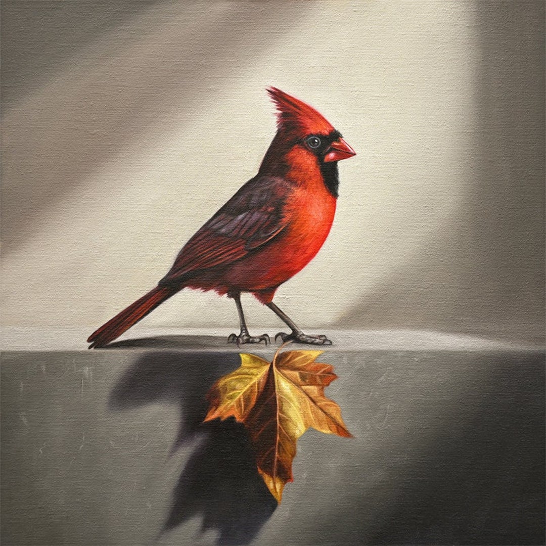 Cardinal & Maple Leaf | Autumn Fall Bird Oil Painting Signed Fine Art ...