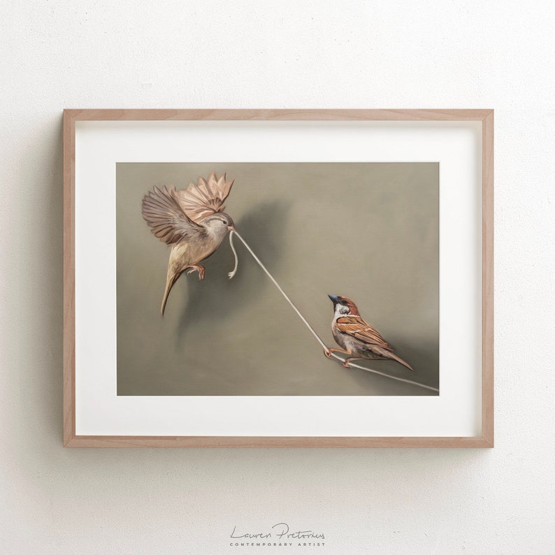 House Sparrows With String Bird Oil Painting Fine Art Print | Etsy