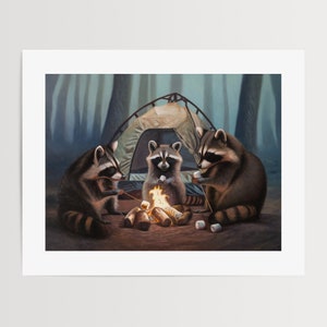 Campfire Raccoons | Whimsical Animal Oil Painting Fine Art Print ...