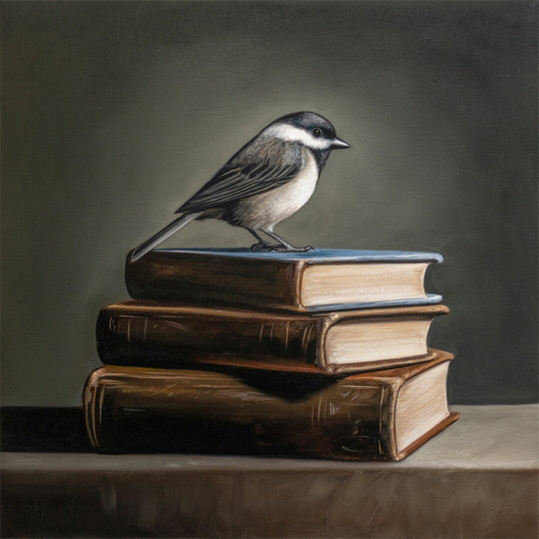 Sparrow & Vintage Books | Bird Oil Painting Fine Art Print | Direct ...