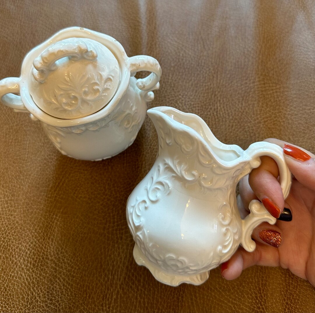 White Ornate Ceramic Creamer and Sugar Container, English Cottage Core ...