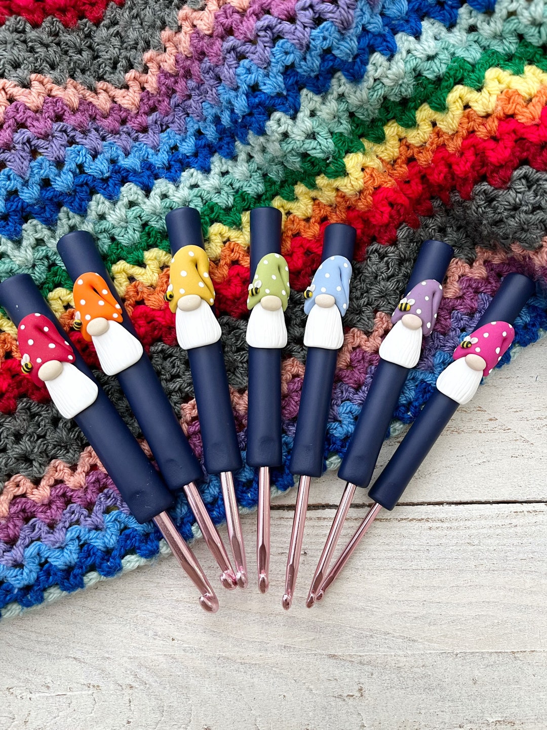 Set of 7 Rainbow Gnome Gonk Crochet Hooks, Crochet Hook Set, Polymer ...