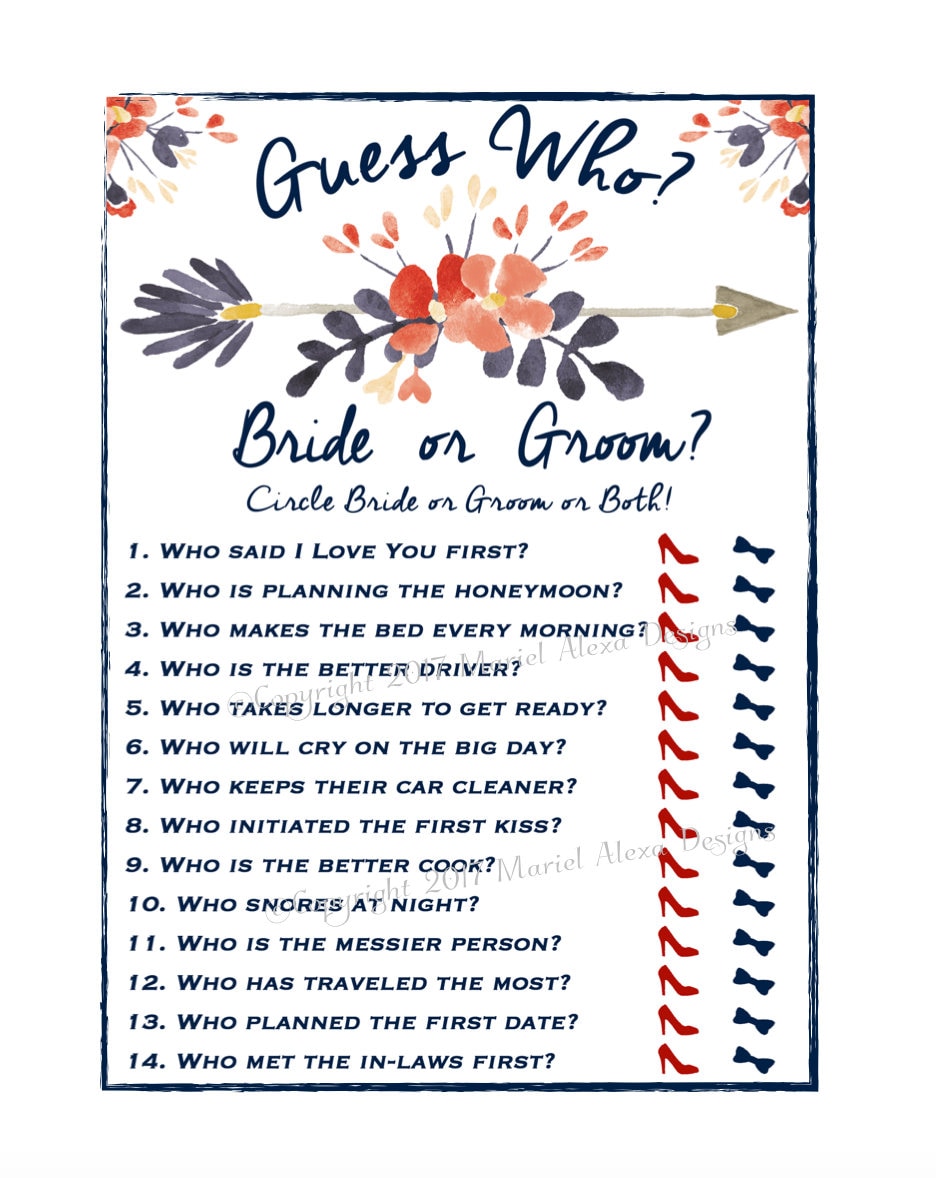 Bridal Shower Guess Who Game - Fun Unique DIY PDF Wedding Fall Navy ...