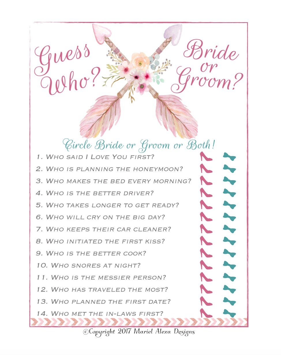 Bridal Shower Guess Who Game Fun Unique DIY PDF Wedding Pink Mint Boho ...