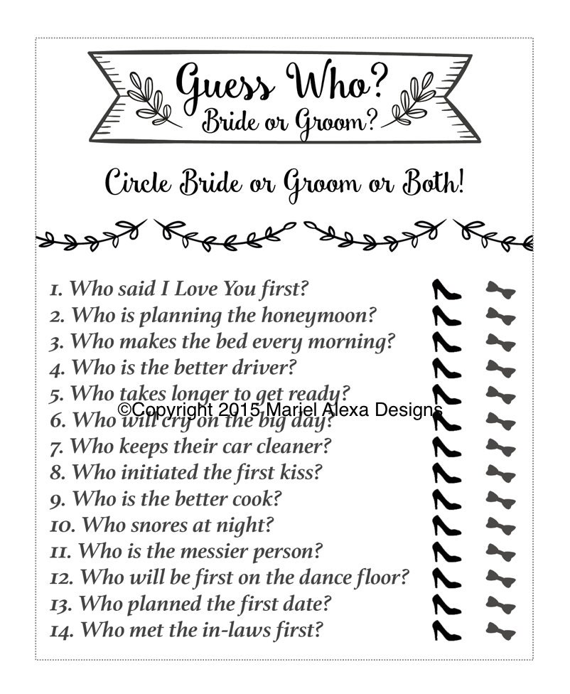 Guess Who Bride Or Groom Bridal Shower Game Instant Download Fun Unique