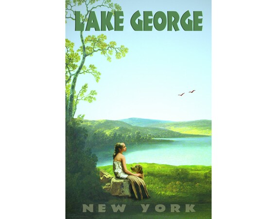 Lake George New York Retro Travel Poster Young Girl and Doodle | Etsy