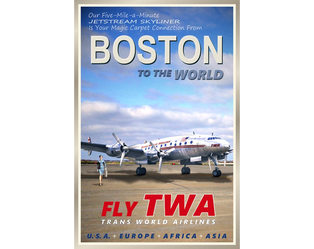BOSTON Massachusetts TWA Airlines nuevo cartel original Lockheed ...
