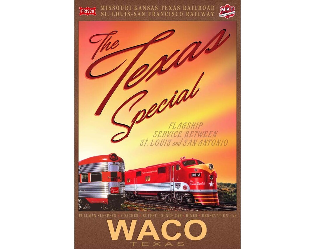 Waco Texas Special Retro Train Poster MKT Katy Railroad Frisco Lines ...