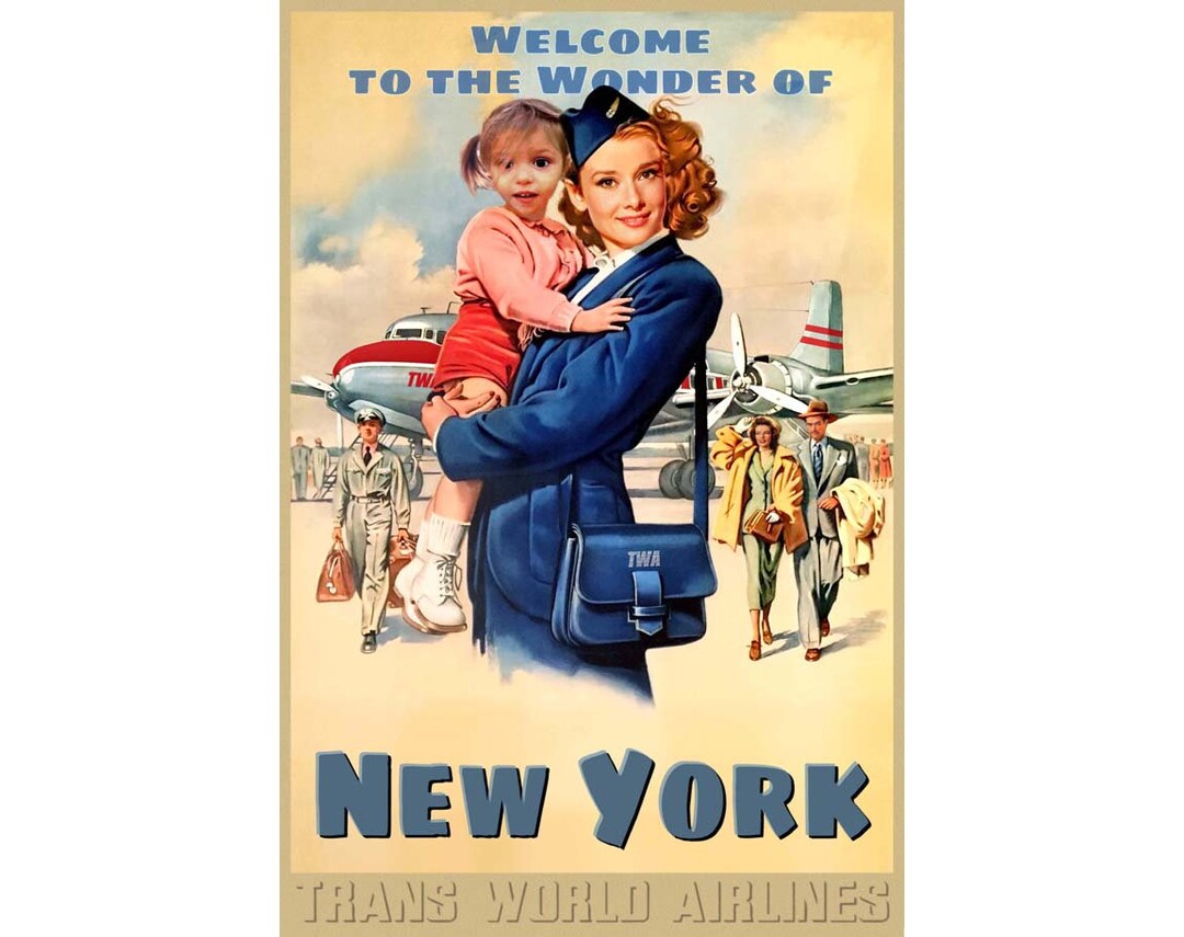 New York TWA Airlines Audrey Hepburn New Retro Airplane Travel Poster ...