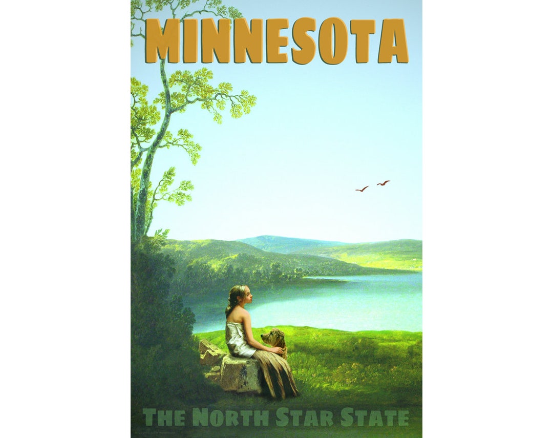 Minnesota North Star State Retro Travel Poster Young Girl and Doodle ...