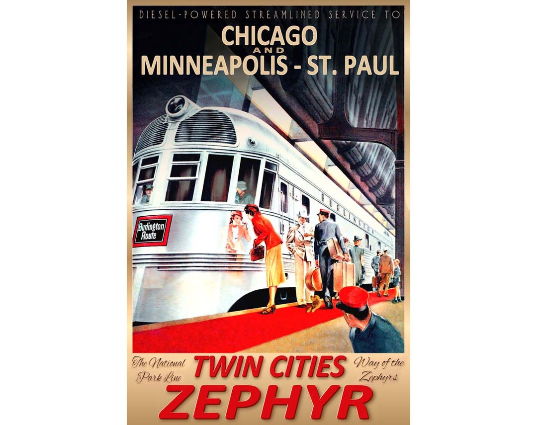 Twin Cities Zephyr Burlington Route New Retro Deco Railroad Travel ...