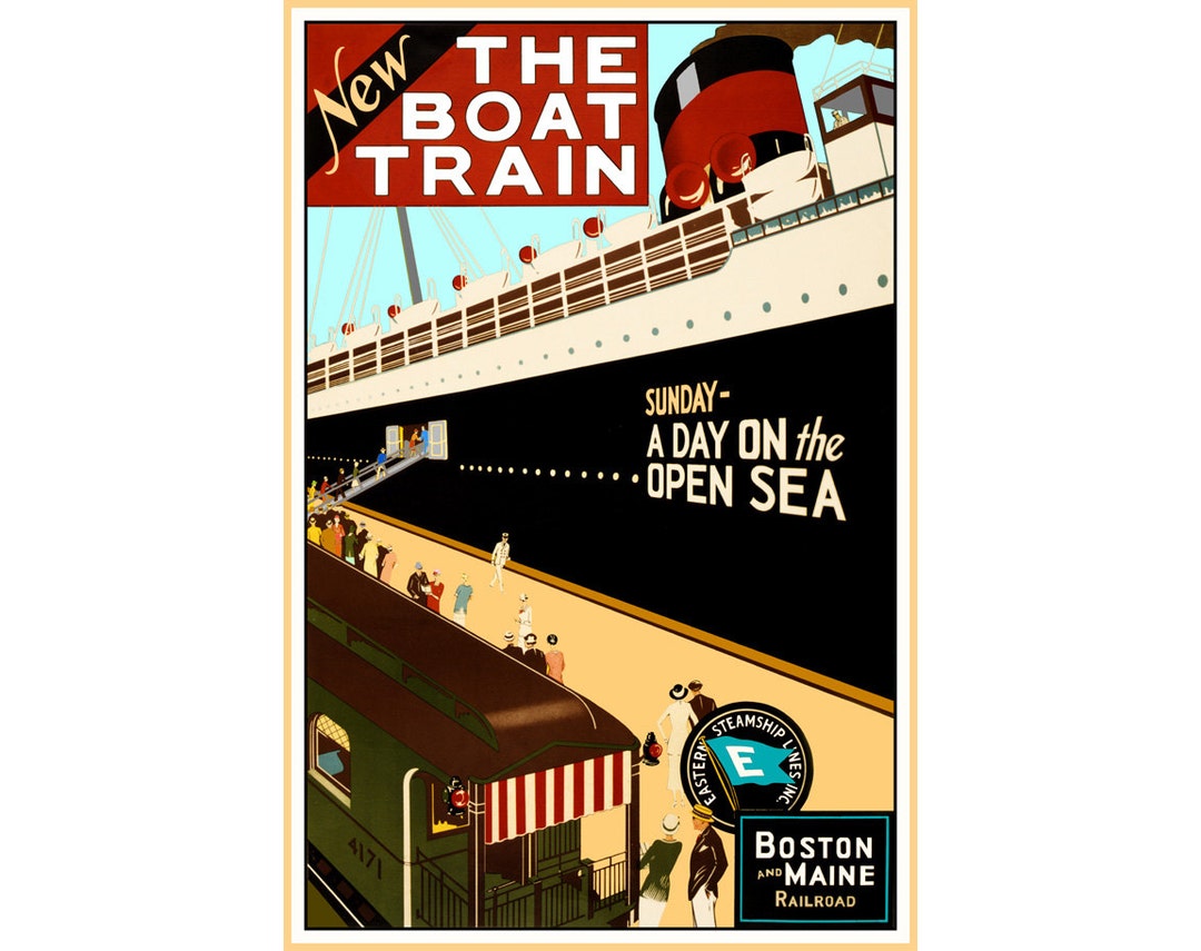 BOAT TRAIN Boston Maine Railroad Ship Travel Art Poster Eastern ...