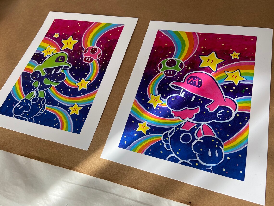 Psychedelic Mario and Luigi Rainbow Galaxy Mario Bros Art - Etsy