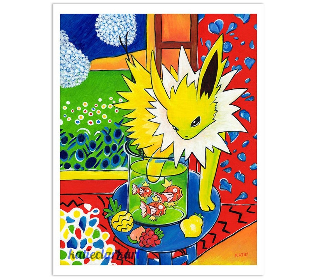 Yellow Cat With Red Fish Print - Pokemon Fan Art - Video Game Art - Etsy