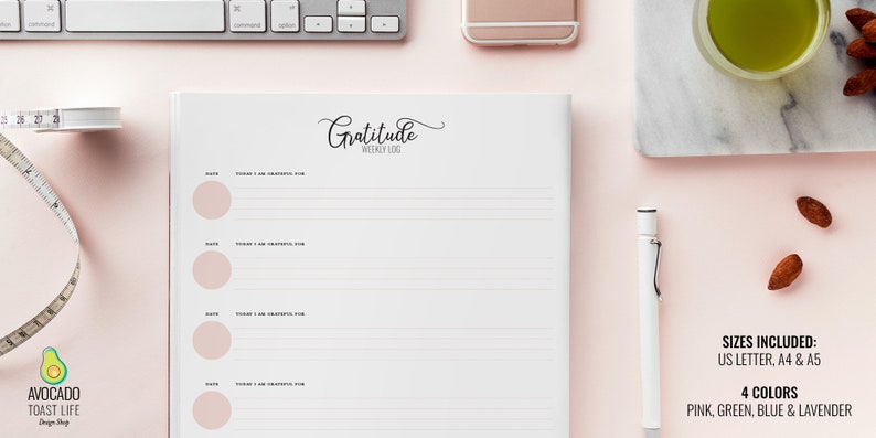 Mindfulness Practice Weekly Gratitude Log Printable includes A4, A5 ...