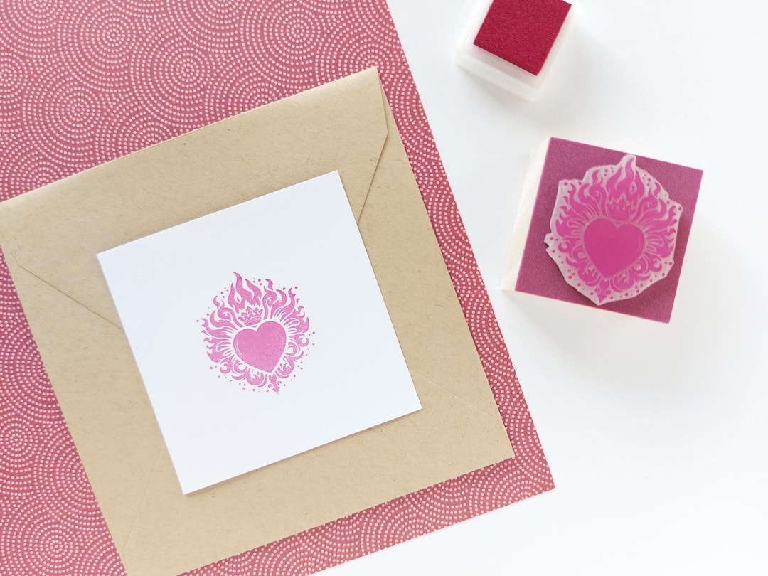 Flaming Sacred Heart Rubber Stamp, Heart With Flames, Symbol on Fire ...
