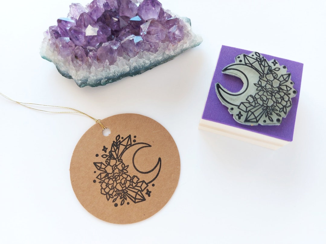 Crescent Moon Stamp With Crystals and Flowers, Moon Rubber Stamp ...