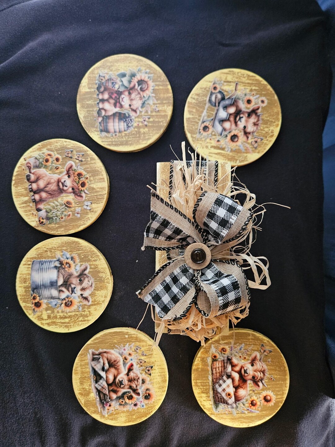 Handmade Farmhouse Highland Cow Coaster Set | Rustic Sunflower Coasters ...