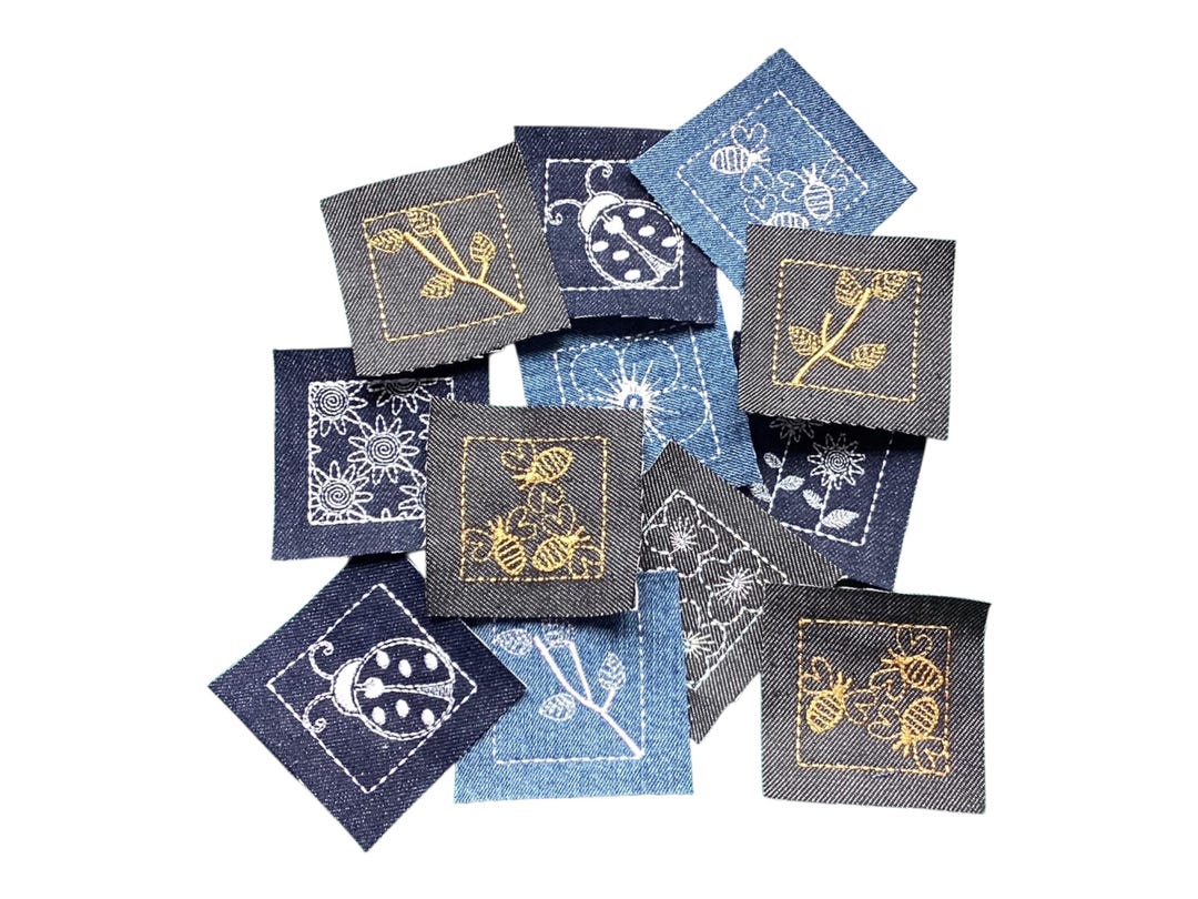 12 X Sashiko Style Embroidered Denim Patches, Ready to Sew, Jeans, Bags ...