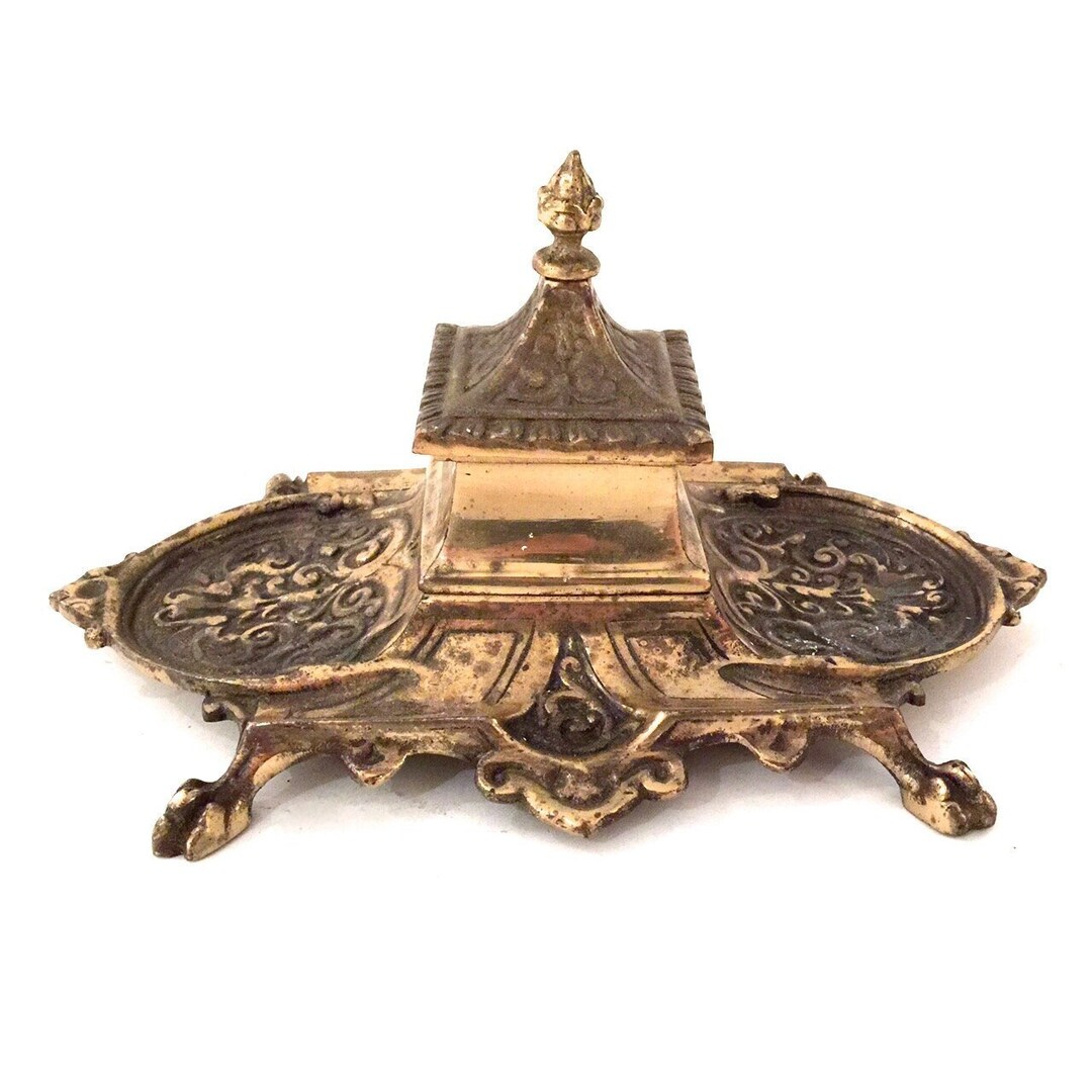 Vintage Brass Inkwell Ink Stand Ornate Ink Stand Vintage Inkwell Stand ...