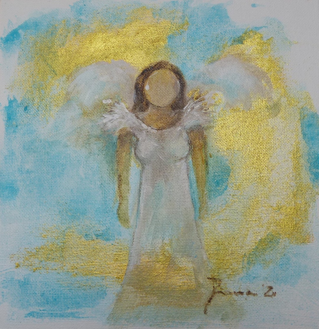 Original Angel Painting, Hand-painted, Guardian Angel With Gold ...