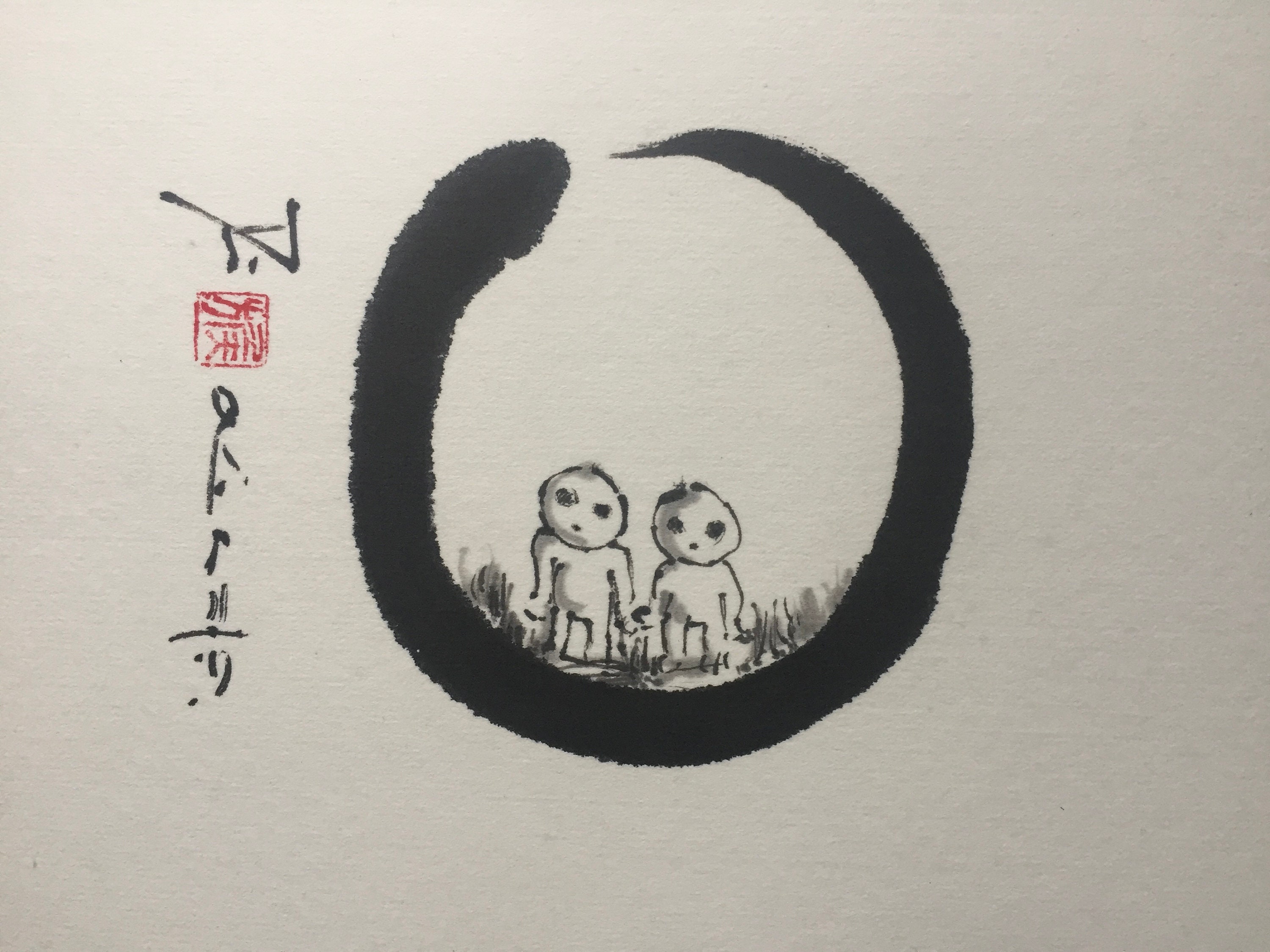 ORIGINAL Sumi E Painting zen-circle enso With Two Kodamas - Etsy