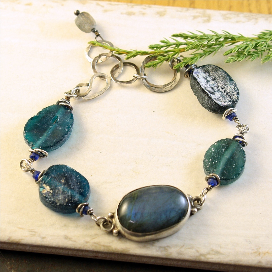 Roman Glass Bracelet: Handcrafted Sterling Silver, Labradorite, Boho ...