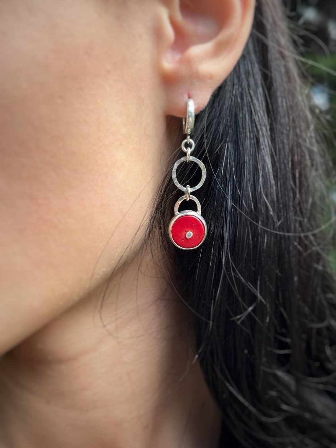 Red Coral Earrings With Raw Sterling Silver Hammered Circle - Etsy