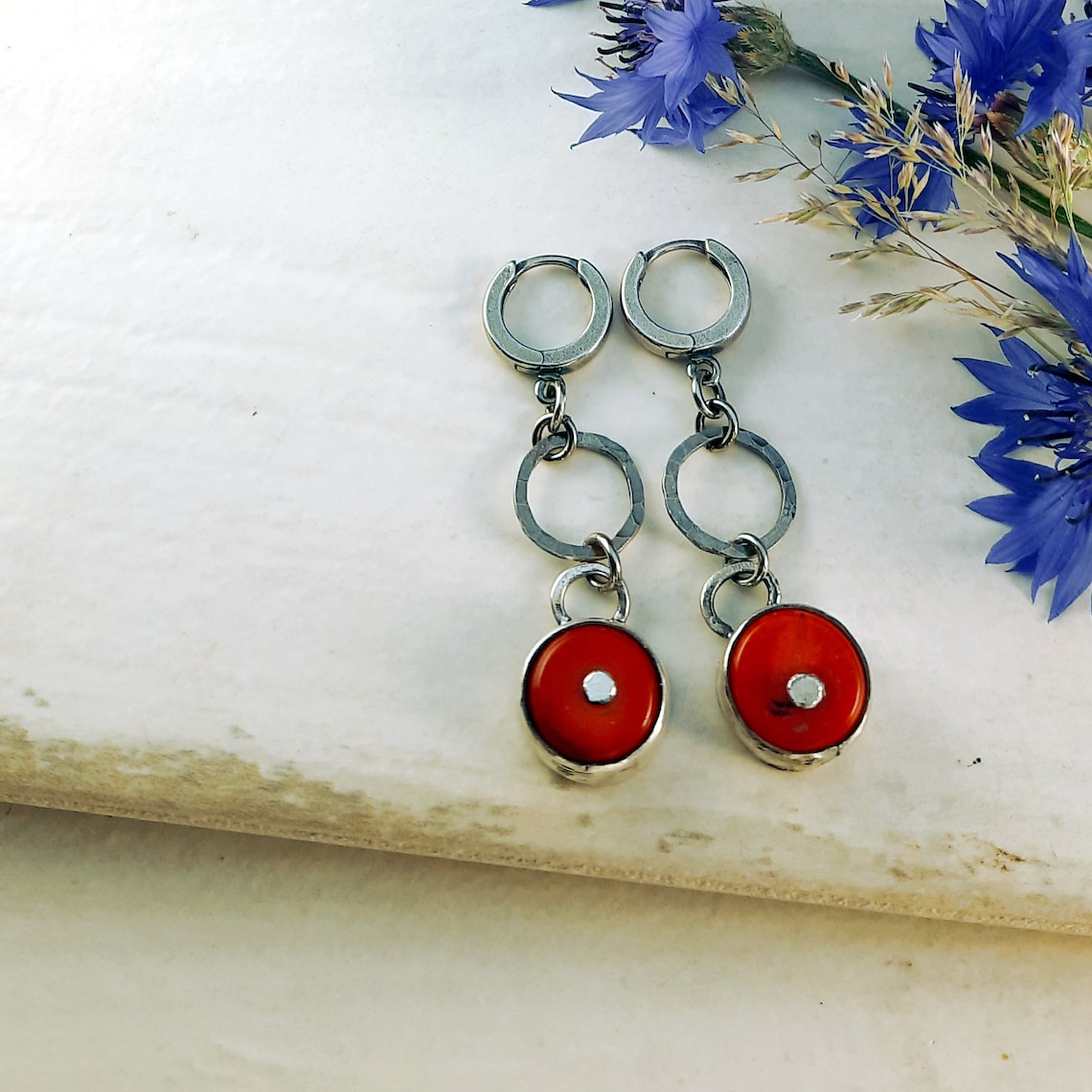 Red Coral Earrings With Raw Sterling Silver Hammered Circle - Etsy