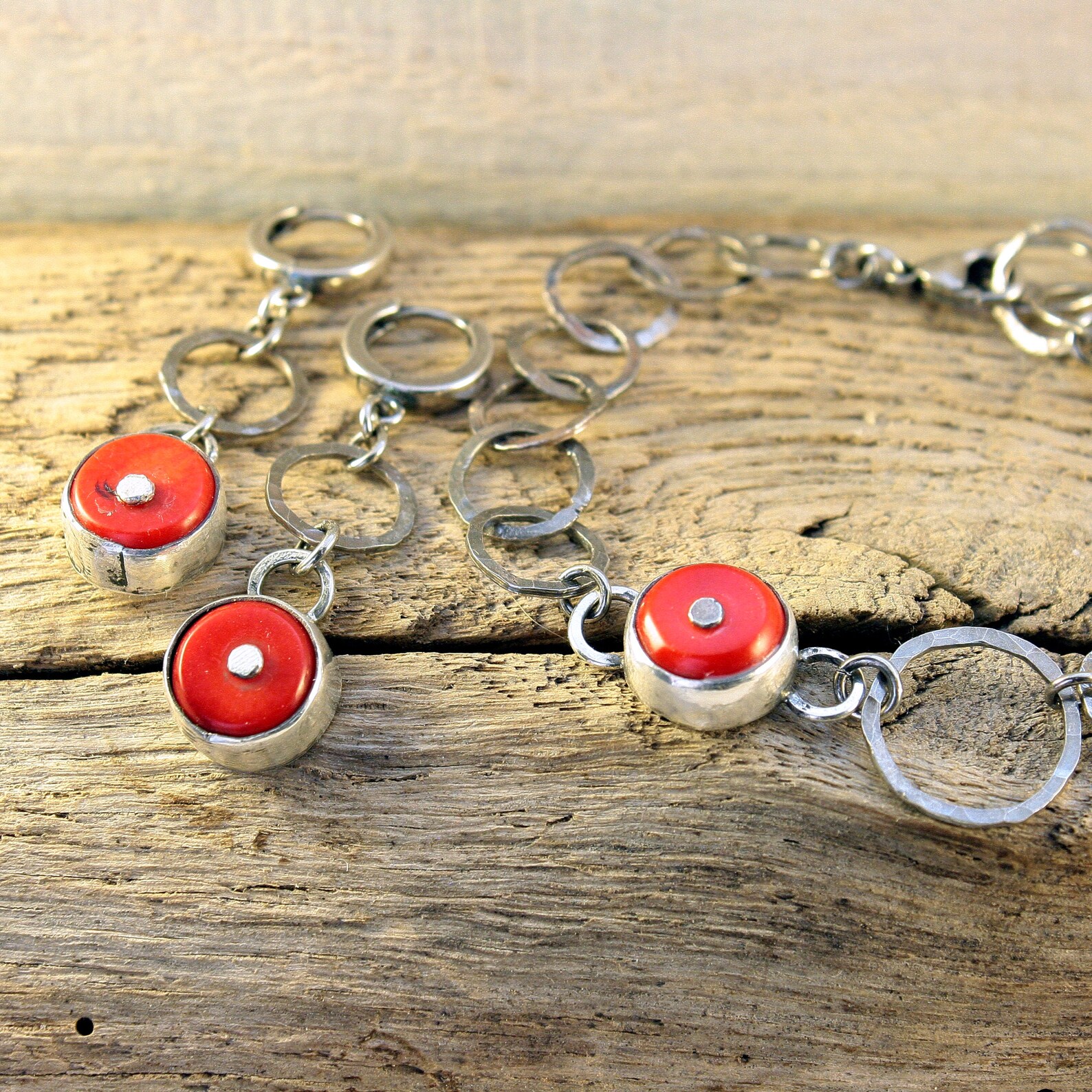 Red Coral Earrings With Raw Sterling Silver Hammered Circle - Etsy