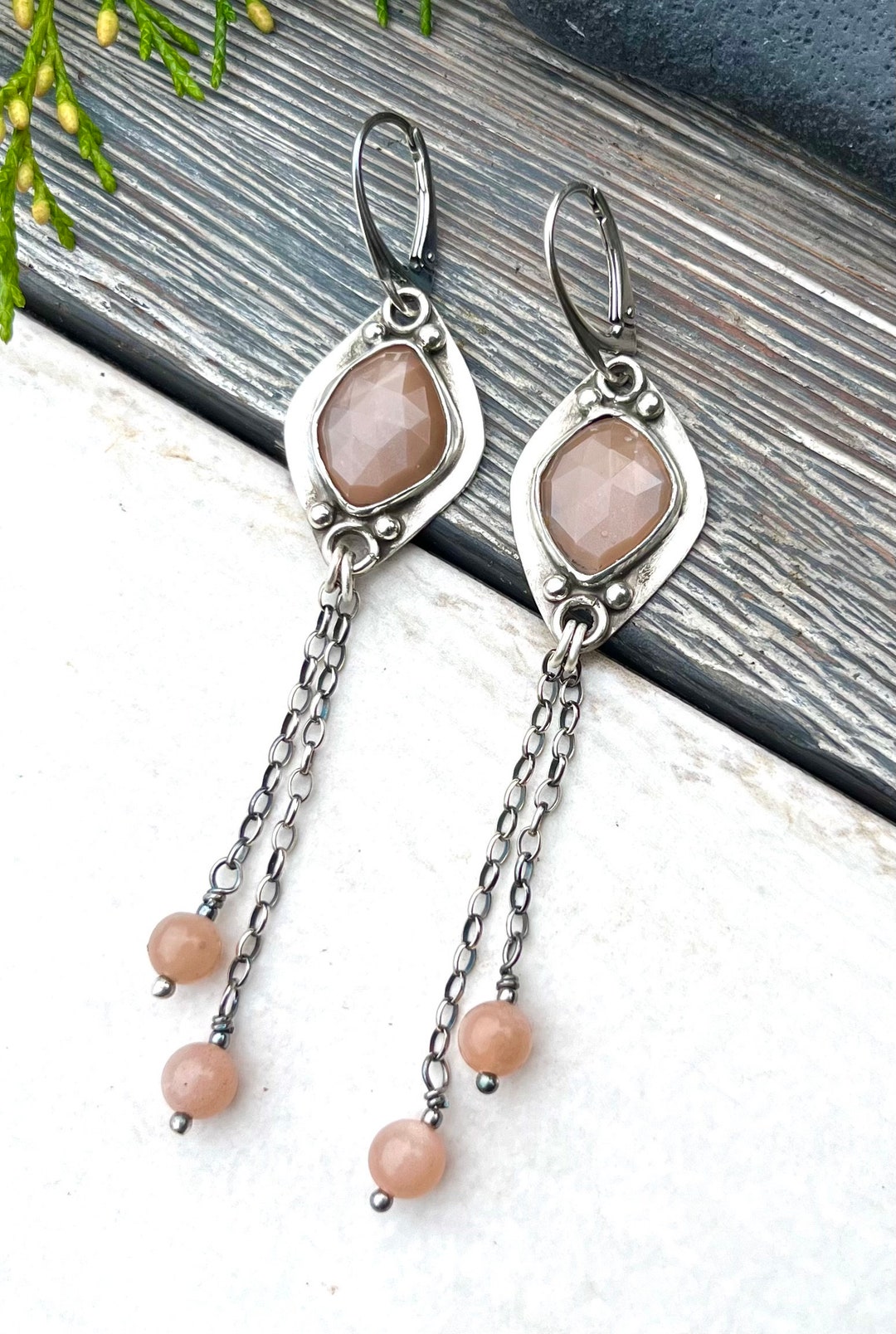 Sunstone Earrings in Sterling Silver, Dangle Earrings With Silver Chain,oxidised Sterling Silver ...