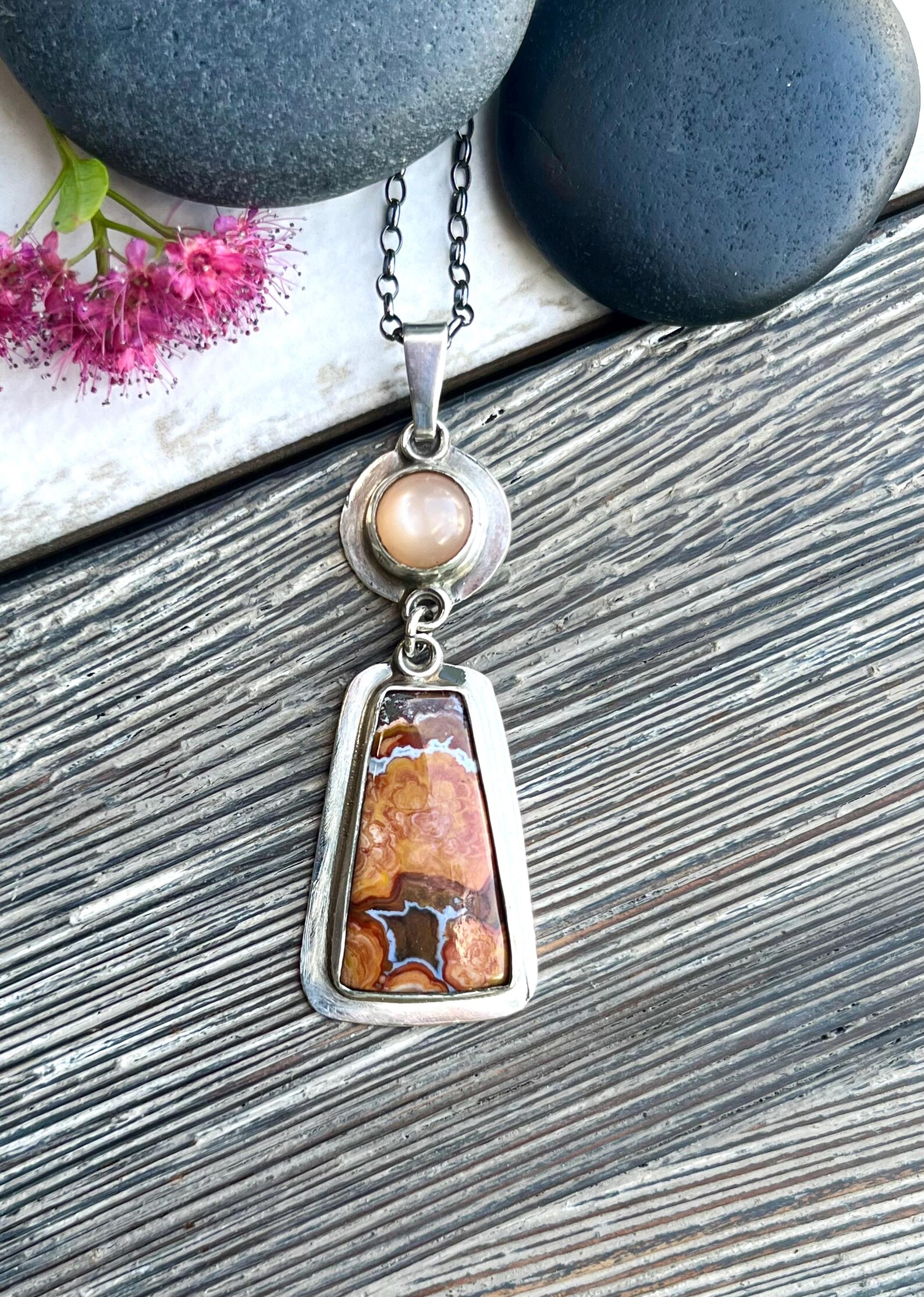 Agate & Sunstone Sterling Silver Pendant, Nature Inspired Boho Charm - Etsy