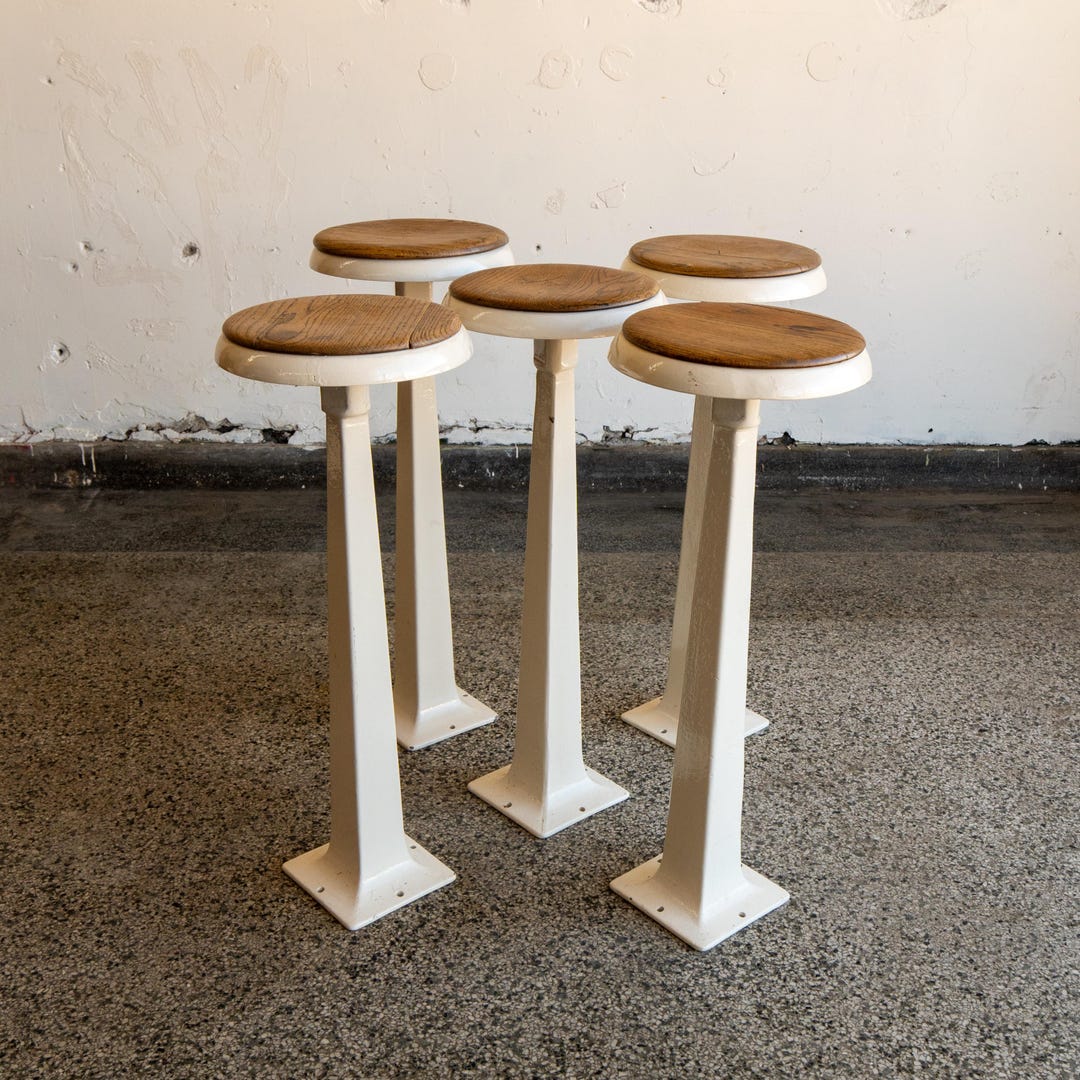 Set of 5 Enamel Soda Fountain Bar Stools With Oak Seat - Etsy