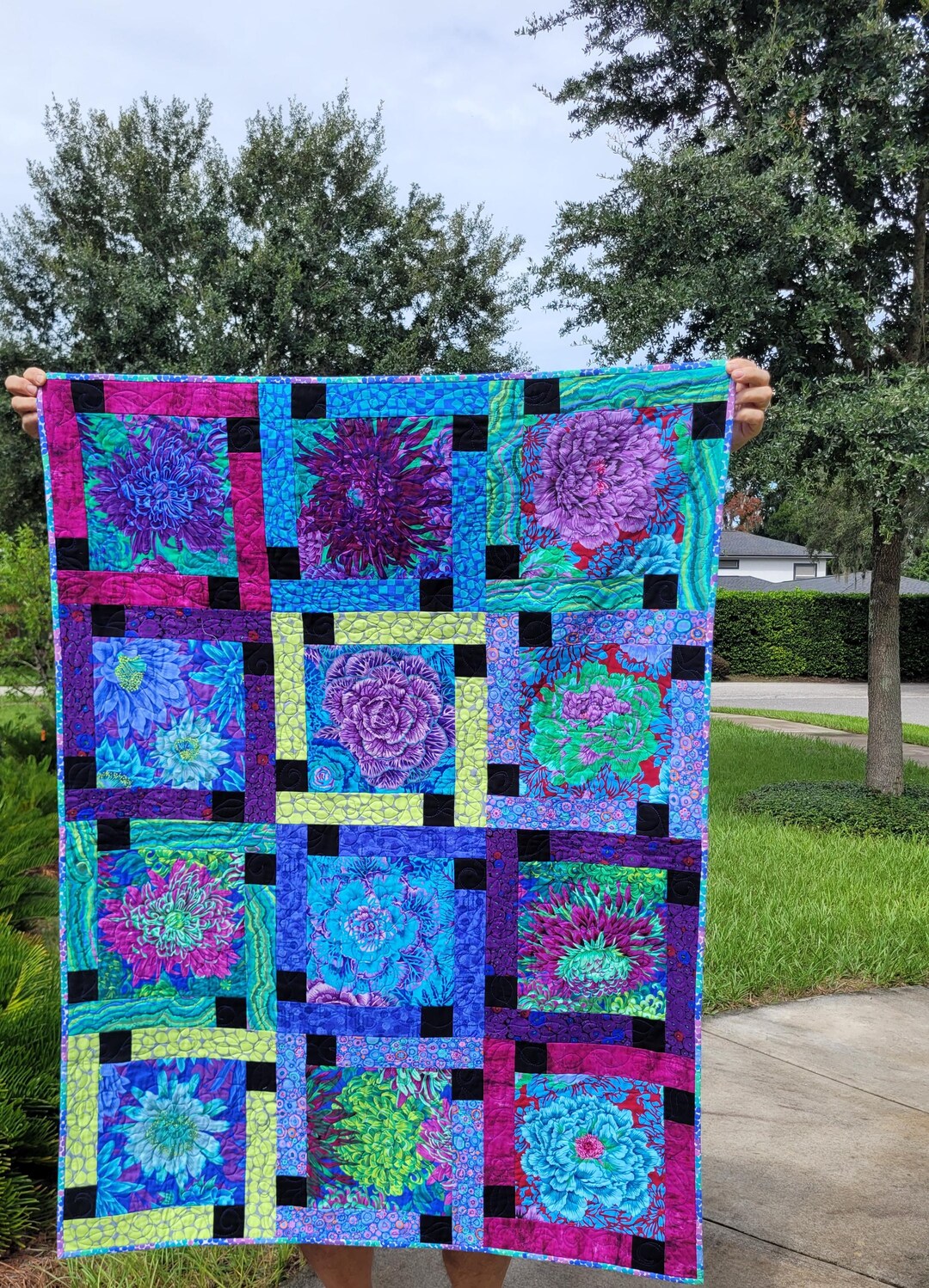 Giant Purple and Blue Flowers in Blocks Modern Handmade Quilt - Etsy