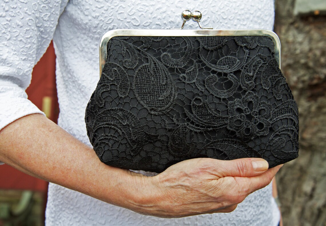 Black Lace Bridal Clutch, Mother of the Bride Satin Wedding Purse, Maid ...