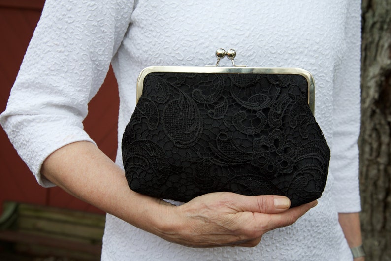 Black Lace Bridal Clutch, Mother of the Bride Satin Wedding Purse, Maid ...