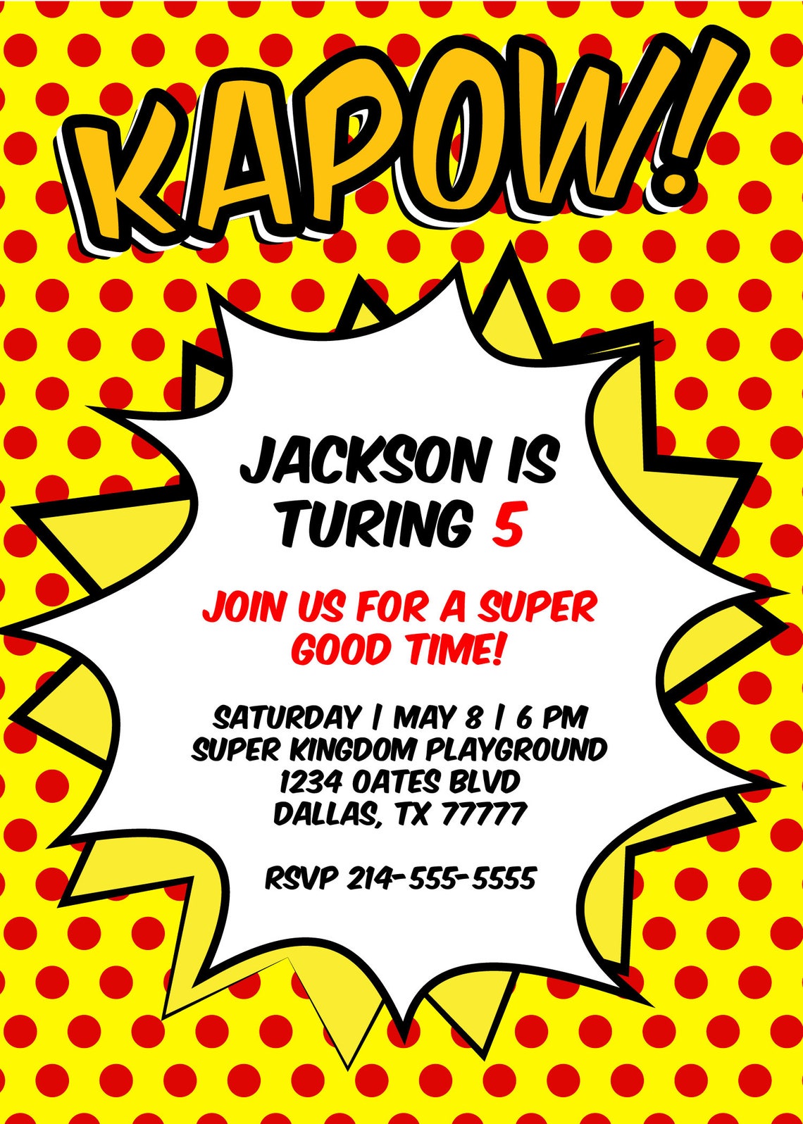 Comic KAPOW Birthday Super Comic Invitation | Comic Book Birthday ...