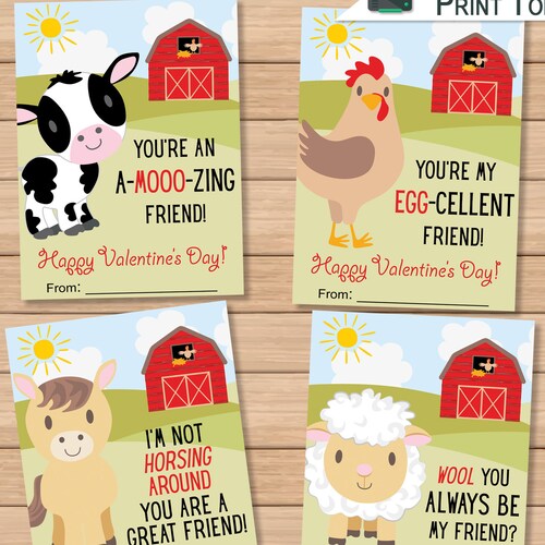 PRINTABLE Farm Valentine Cards Set of 8 Classroom Valentines | Etsy