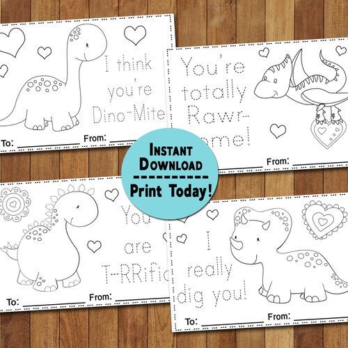 Kids Valentine Cards INSTANT DOWNLOAD Dinosaur Valentines | Etsy