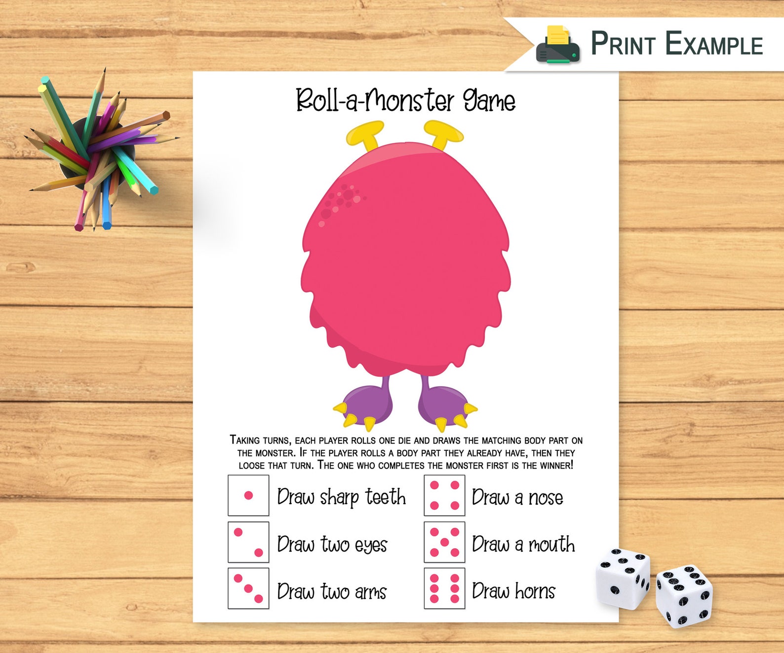 Roll A Monster Game Kids Party Game Dice Draw A Monster Game | Etsy