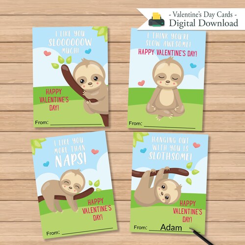 Sloth Valentines Kids Printable Valentine's Day Cards - Etsy