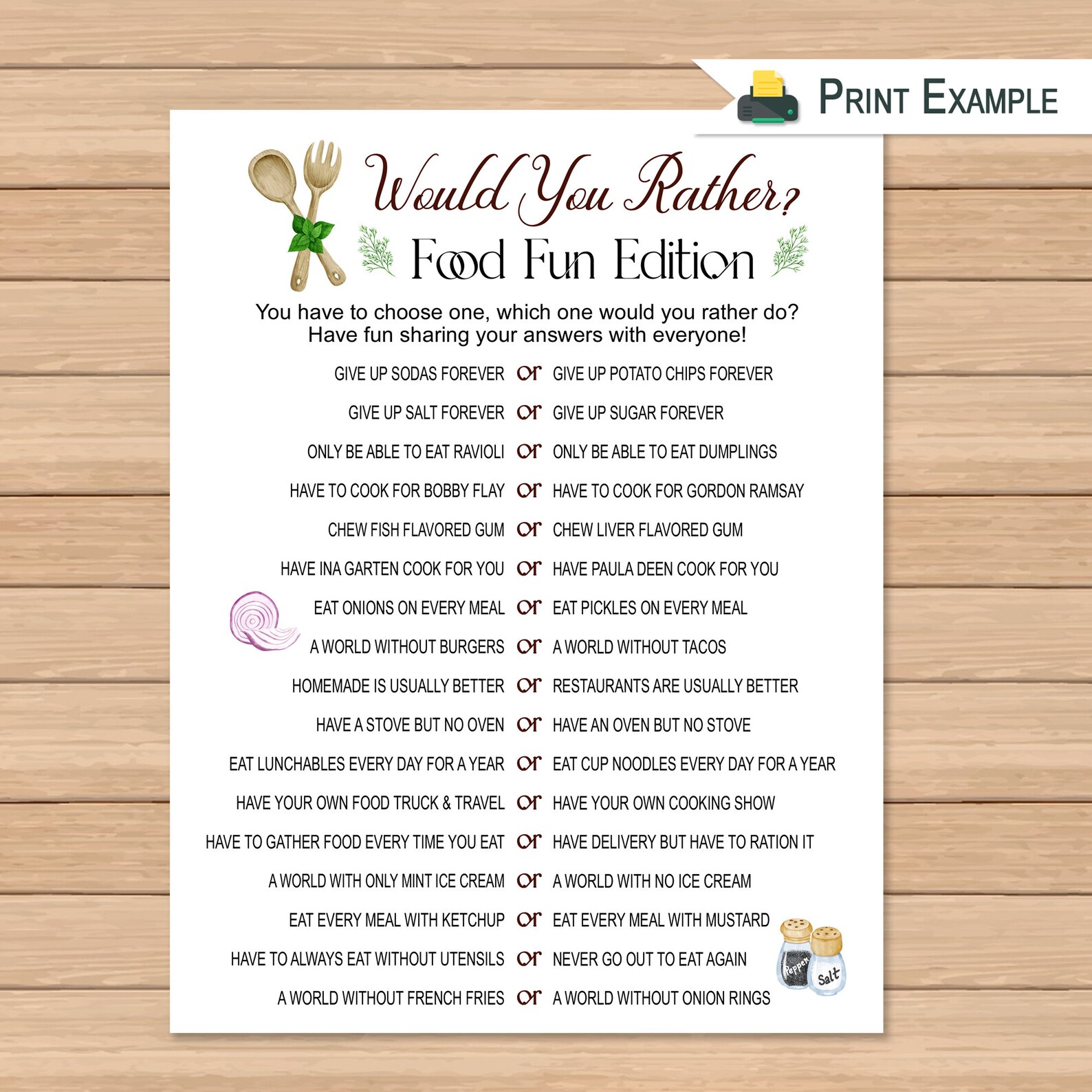 Would You Rather Food Edition Fun Food Questions Party - Etsy