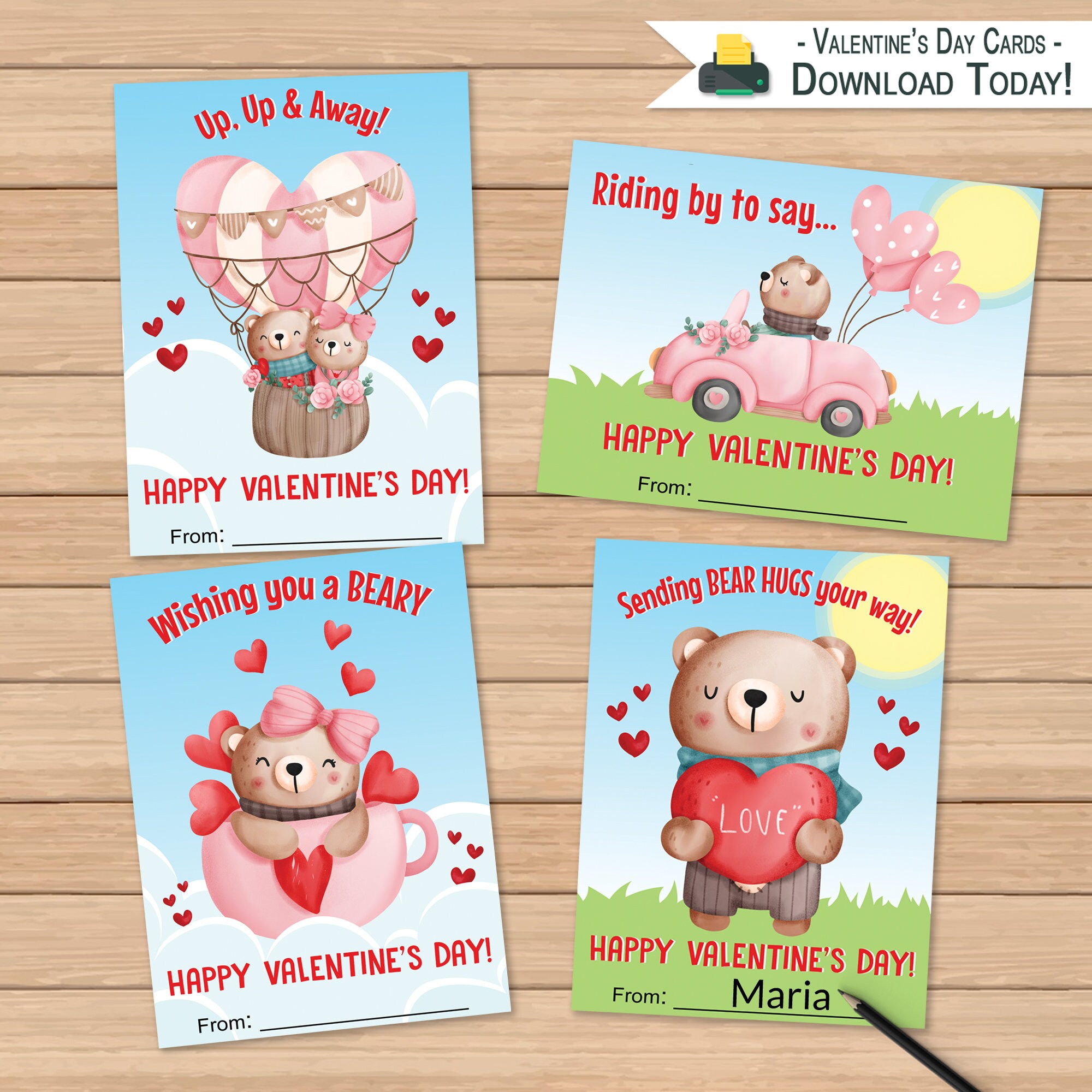 Holiday & Seasonal Cards Valentine Teddy Bear Cards for Kids DIGITAL ...