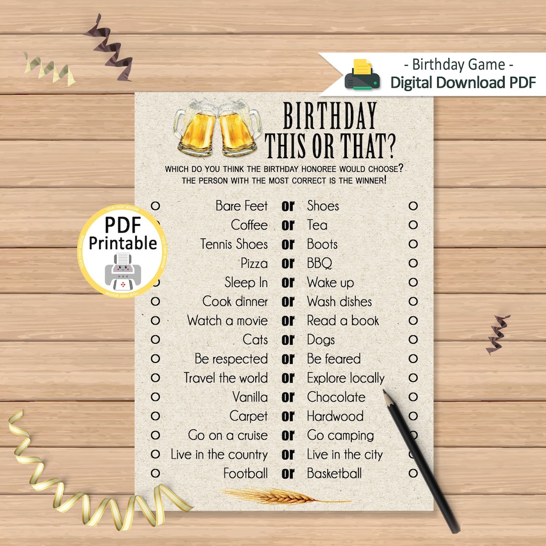 Adult Birthday Game This or That Birthday Game Birthday - Etsy