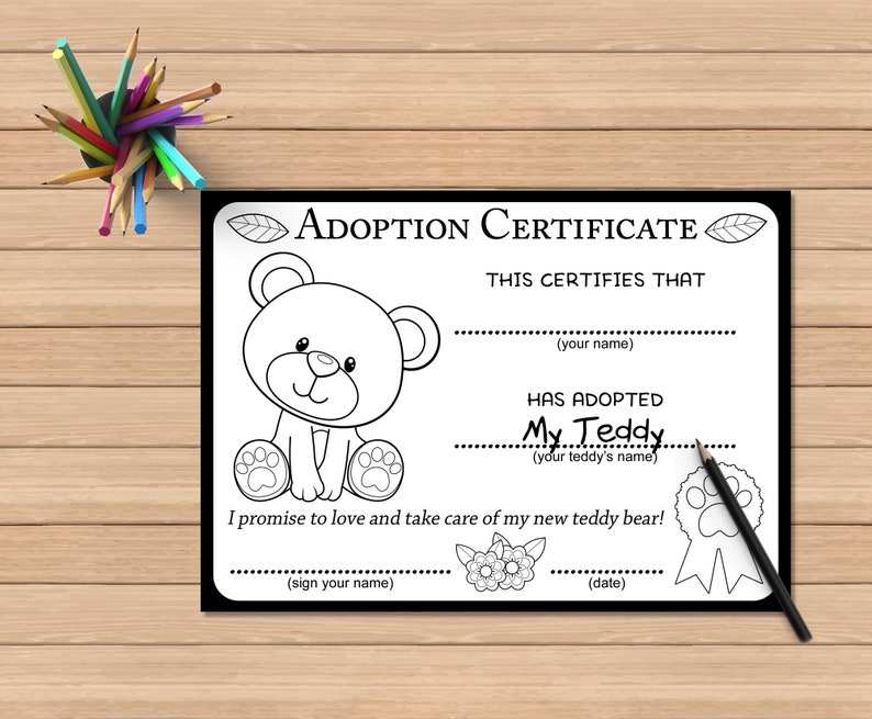 Coloring Teddy Bear Adoption Certificate Adoption Birthday | Etsy