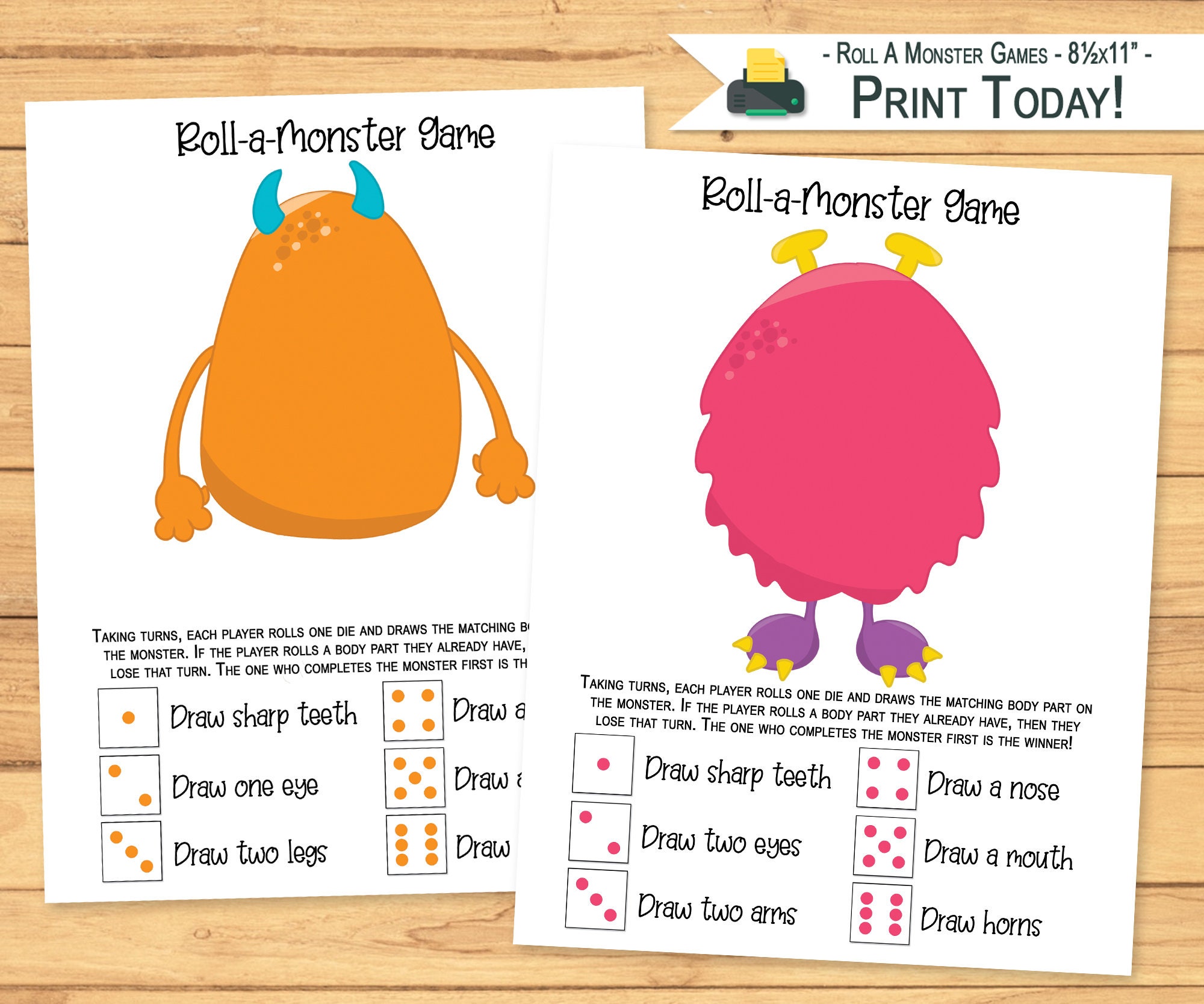 Roll A Monster Game Kids Party Game Dice Draw A Monster Game Etsy