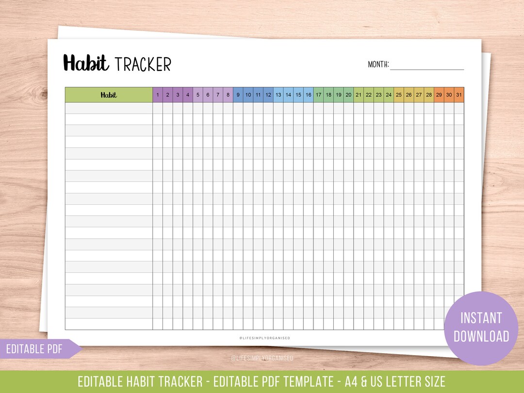 Printable Habit Tracker Habit Tracker PDF Editable Habit Tacker Habit ...