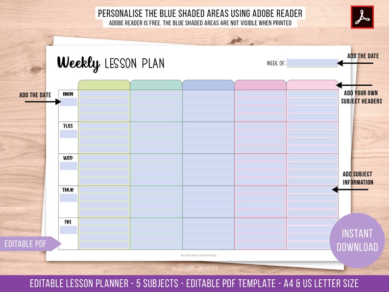 Editable Lesson Plan Template Lesson Planner Printable - Etsy