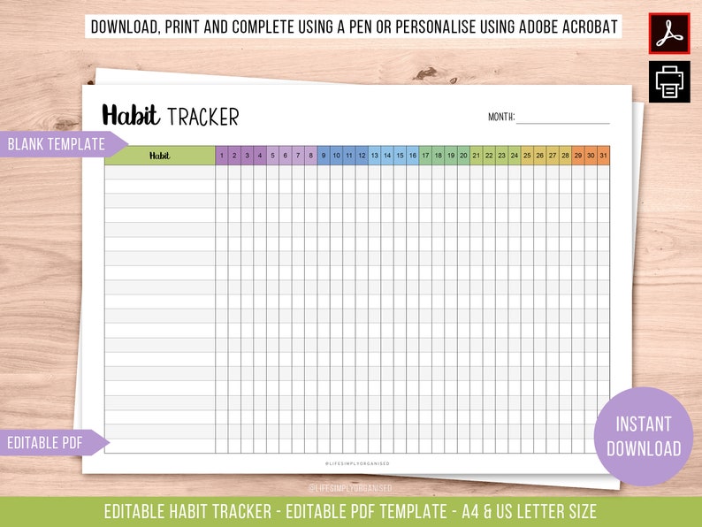 Printable Habit Tracker Habit Tracker PDF Editable Habit Tacker Habit ...