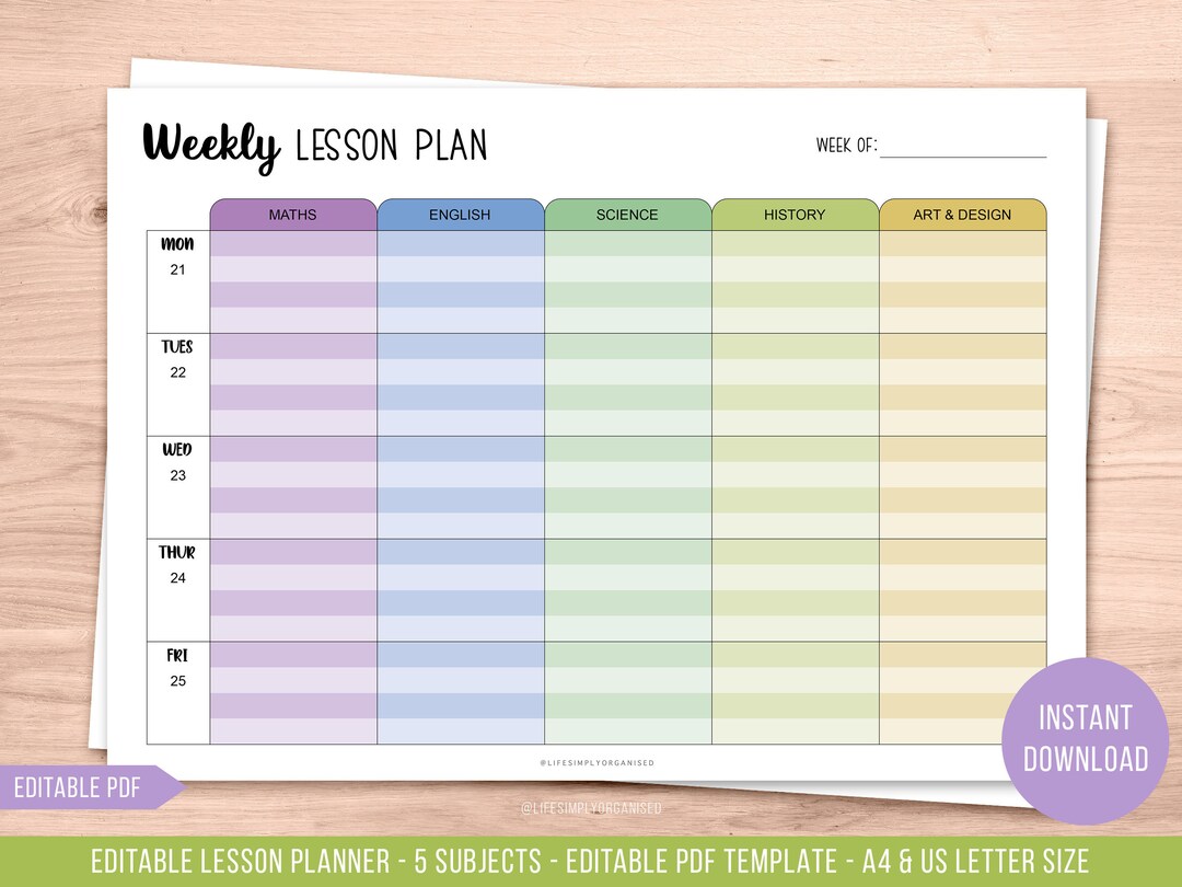 Printable Weekly Lesson Plan Editable Lesson Plan Lesson Plan Template ...